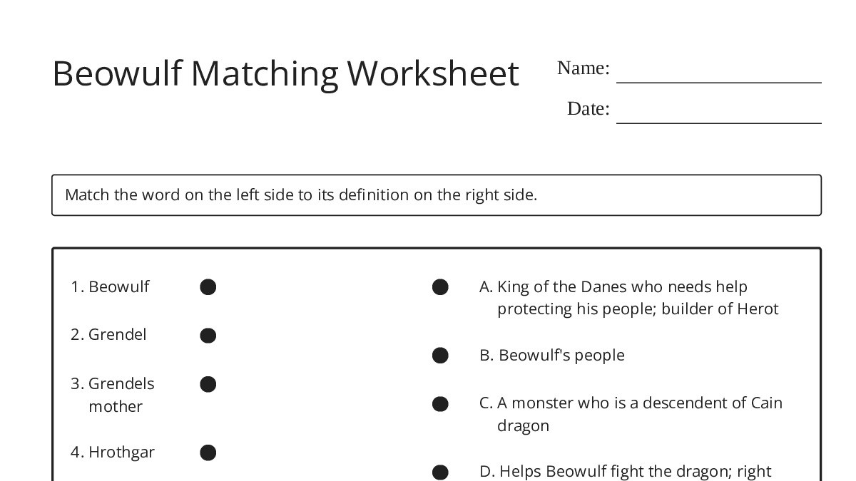Beowulf Matching Worksheet - My Worksheet Maker: Create Your Own Worksheets