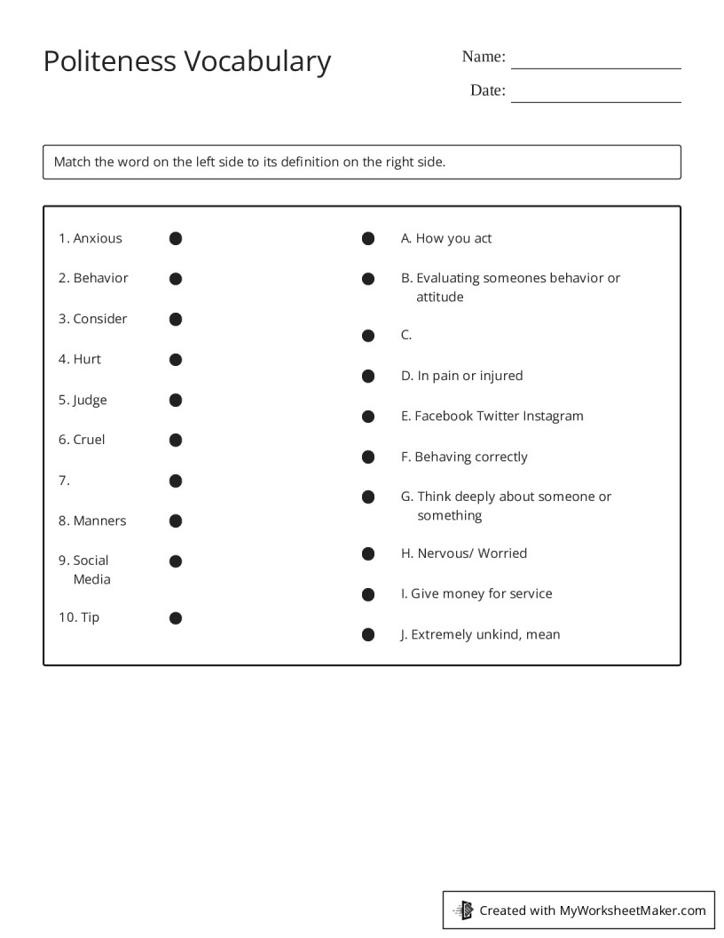 Politeness Vocabulary - My Worksheet Maker: Create Your Own Worksheets