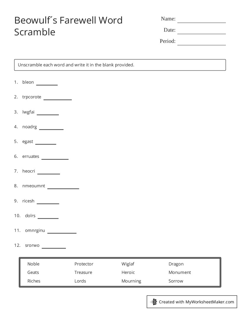 Beowulf´s Farewell Word Scramble - My Worksheet Maker: Create Your Own ...