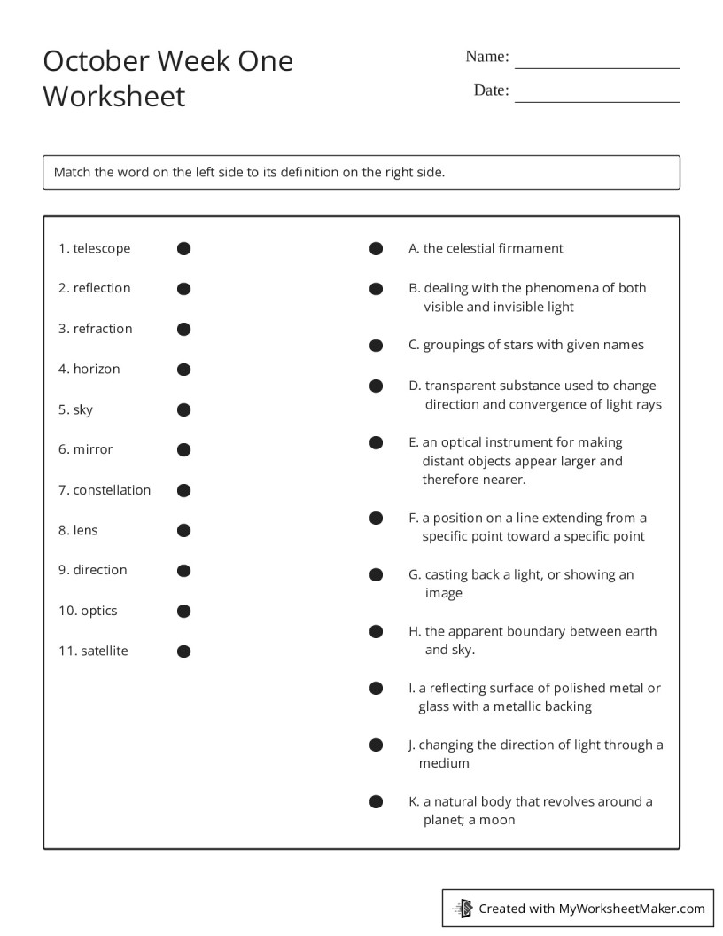 October Week One Worksheet - My Worksheet Maker: Create Your Own Worksheets