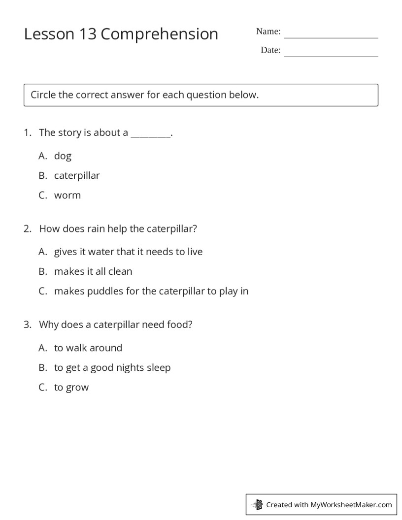 Lesson 13 Comprehension - My Worksheet Maker: Create Your Own Worksheets