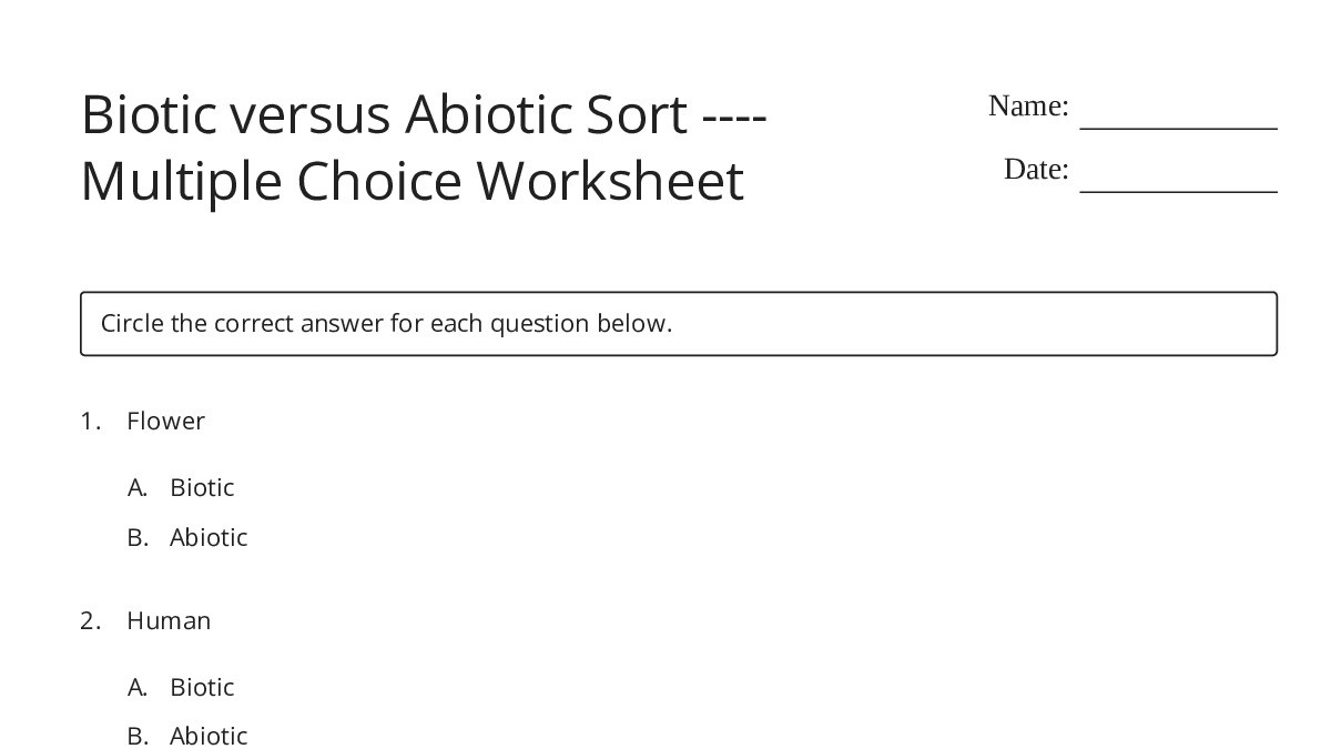 Biotic versus Abiotic Sort ----Multiple Choice Worksheet - My Worksheet ...