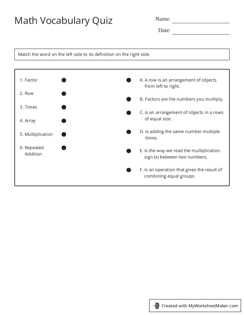 Math Vocabulary Quiz - My Worksheet Maker: Create Your Own Worksheets