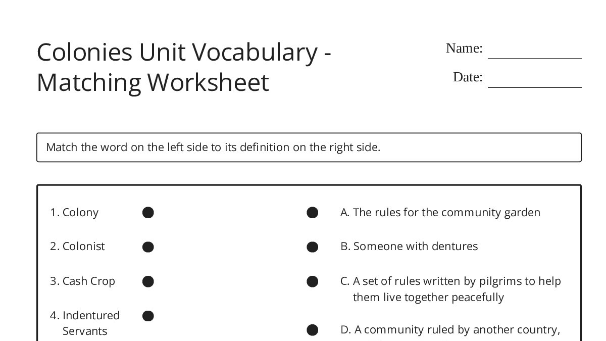 Colonies Unit Vocabulary -Matching Worksheet - My Worksheet Maker ...