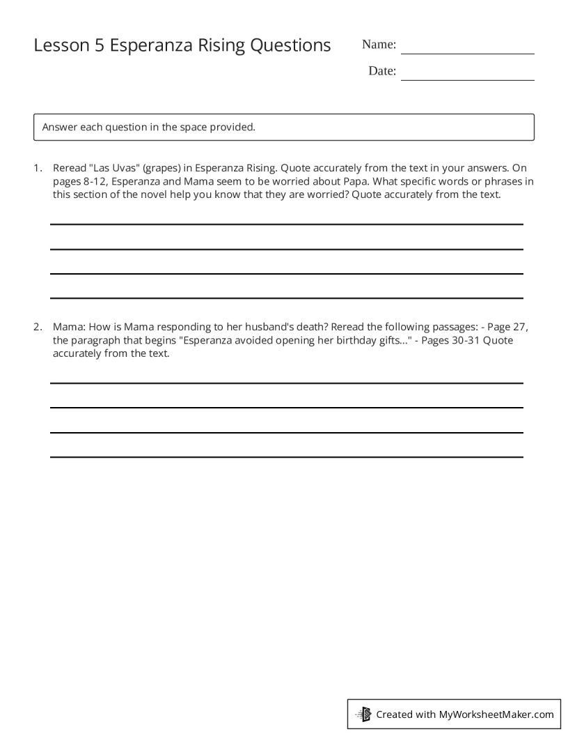 Lesson 5 Esperanza Rising Questions - My Worksheet Maker: Create Your ...