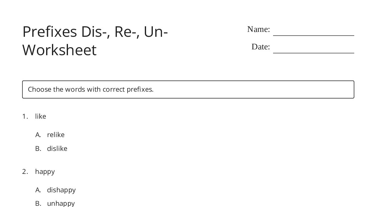 Prefixes Dis-, Re-, Un- Worksheet - My Worksheet Maker: Create Your Own ...