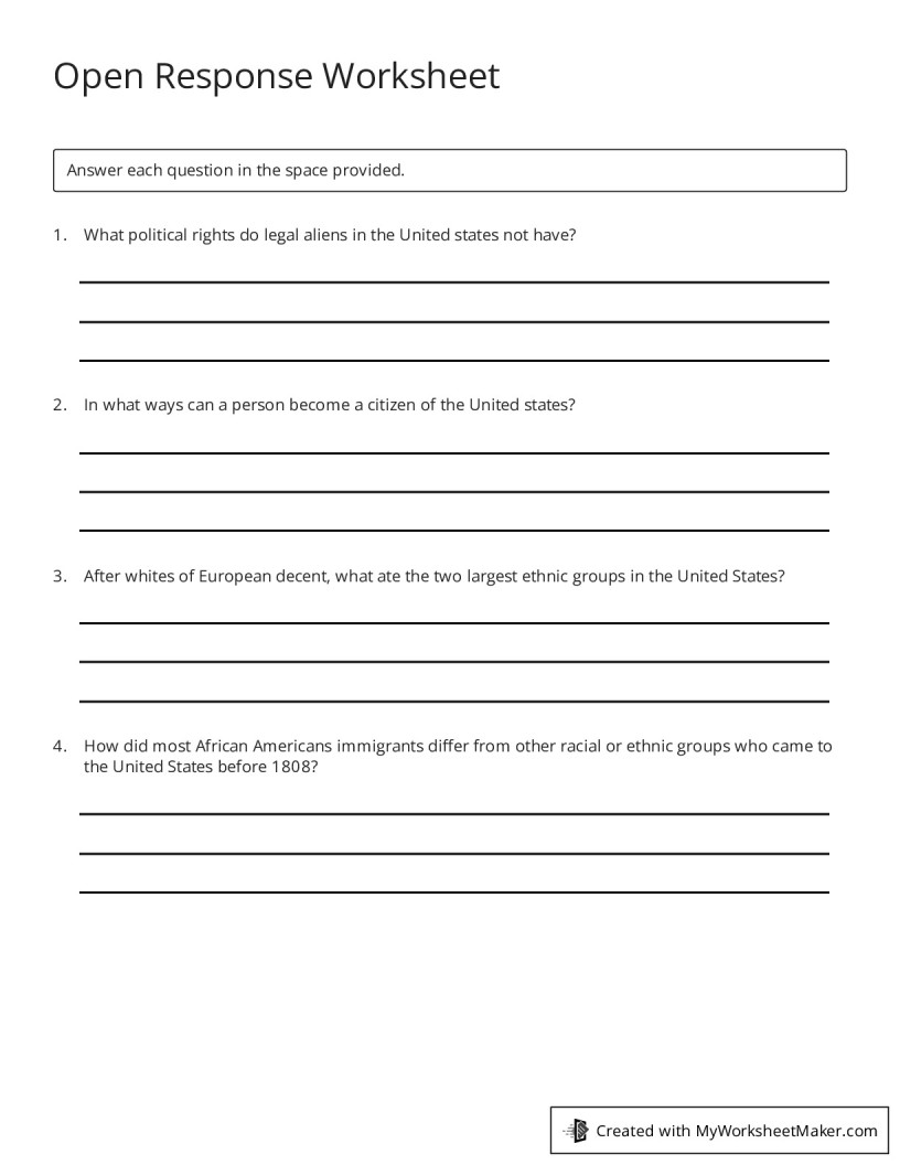 Open Response Worksheet - My Worksheet Maker: Create Your Own Worksheets