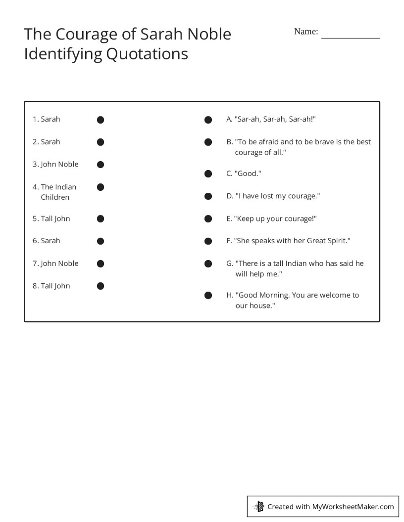 The Courage of Sarah Noble Identifying Quotations - My Worksheet Maker ...