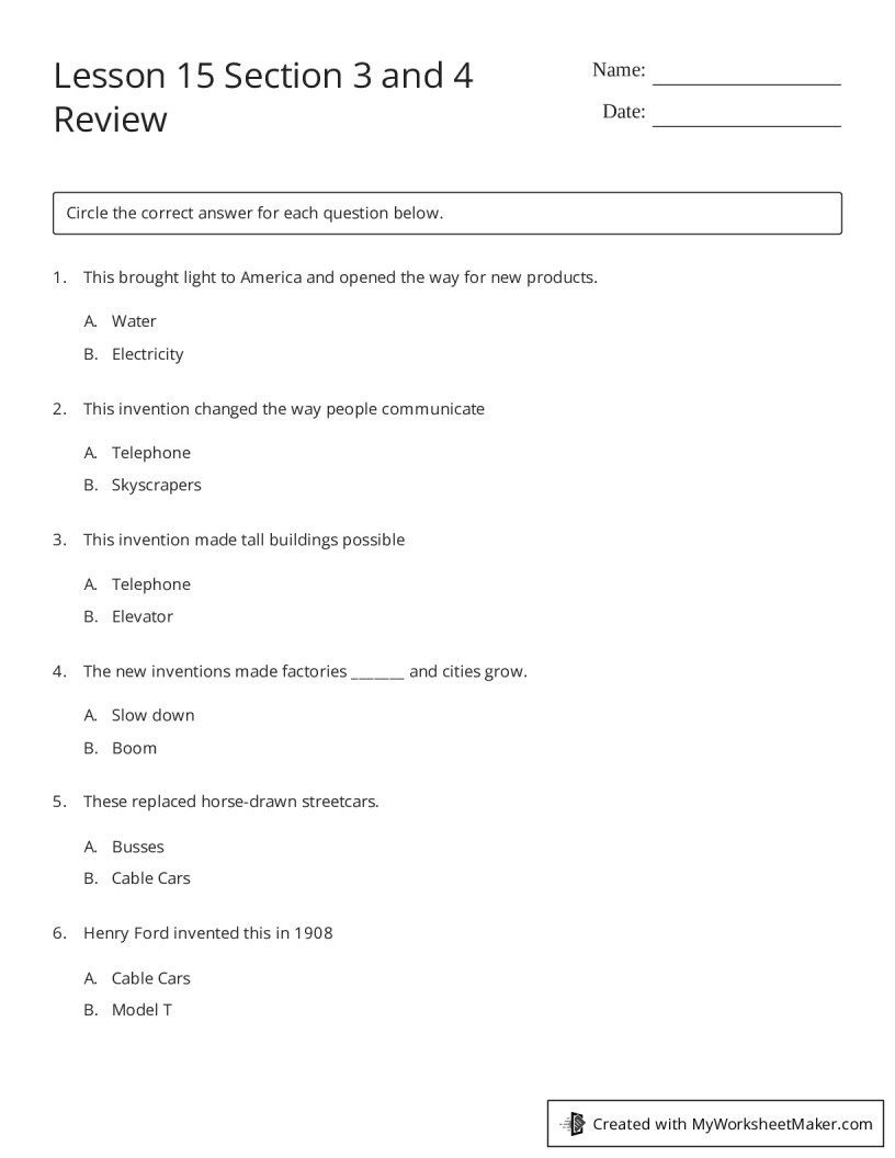 Lesson 15 Section 3 and 4 Review - My Worksheet Maker: Create Your Own ...