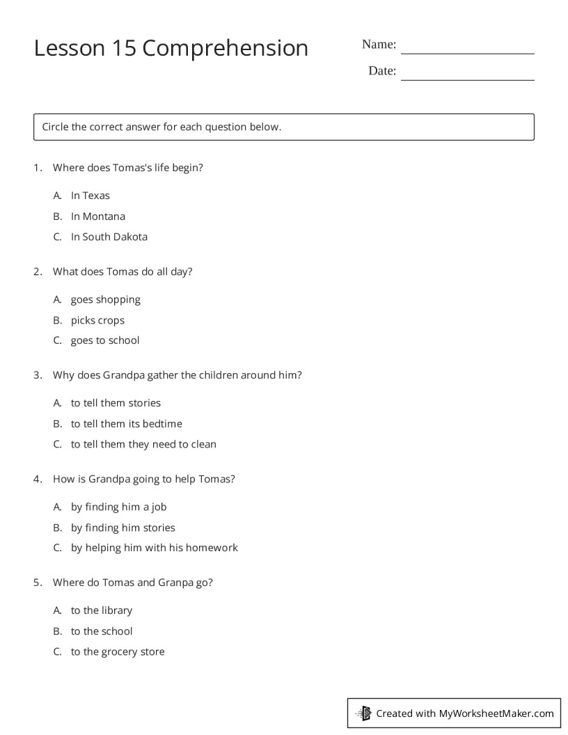 Lesson 15 Comprehension - My Worksheet Maker: Create Your Own Worksheets