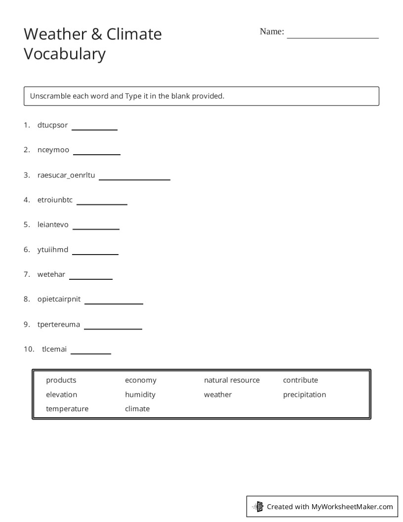Weather & Climate Vocabulary - My Worksheet Maker: Create Your Own ...