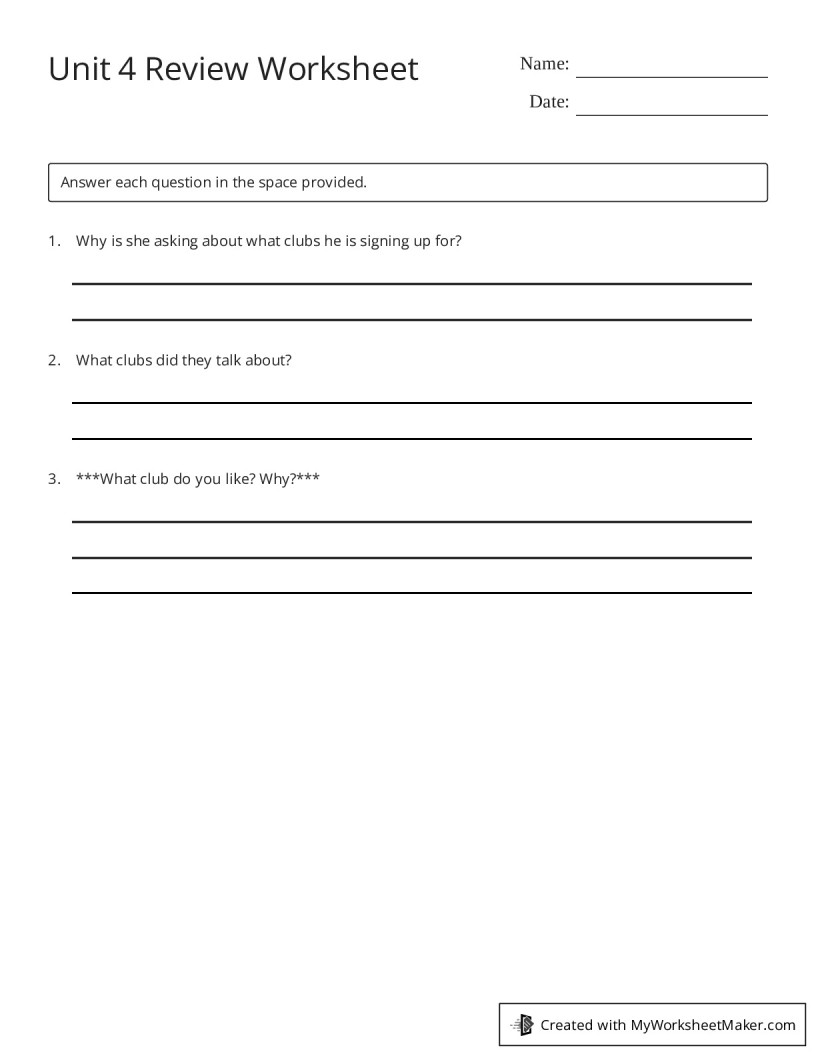 Unit 4 Review Worksheet - My Worksheet Maker: Create Your Own Worksheets