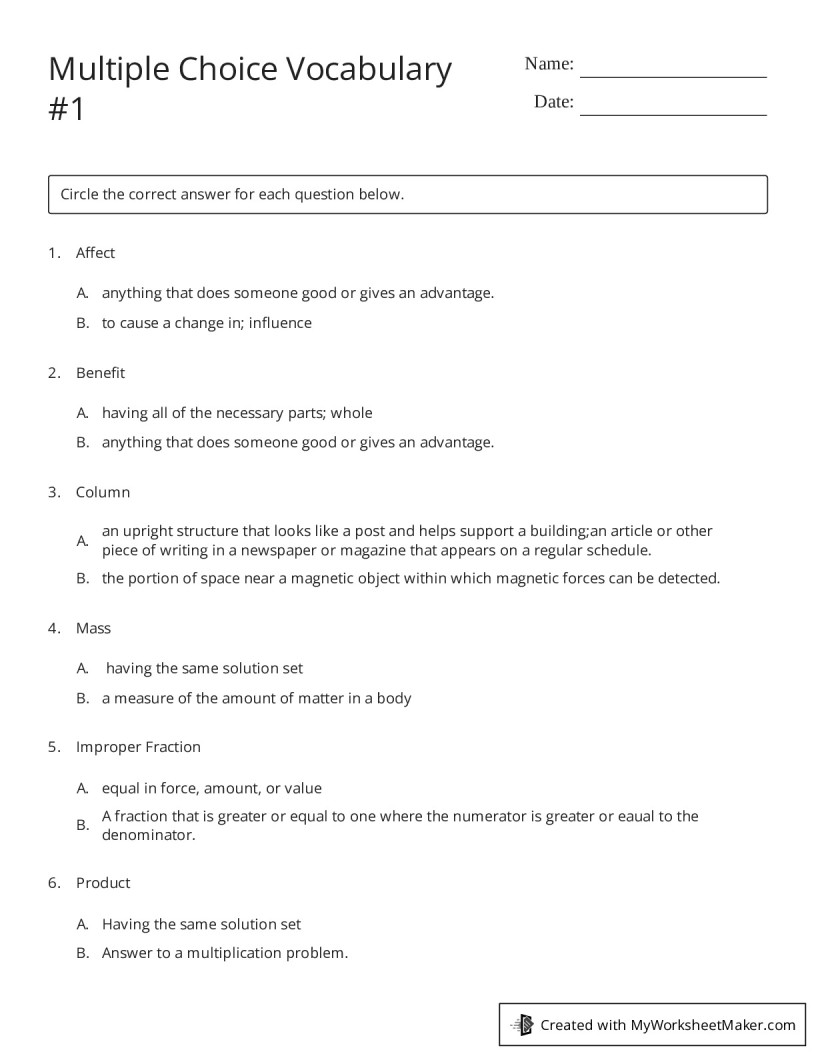 Multiple Choice Vocabulary #1 - My Worksheet Maker: Create Your Own ...