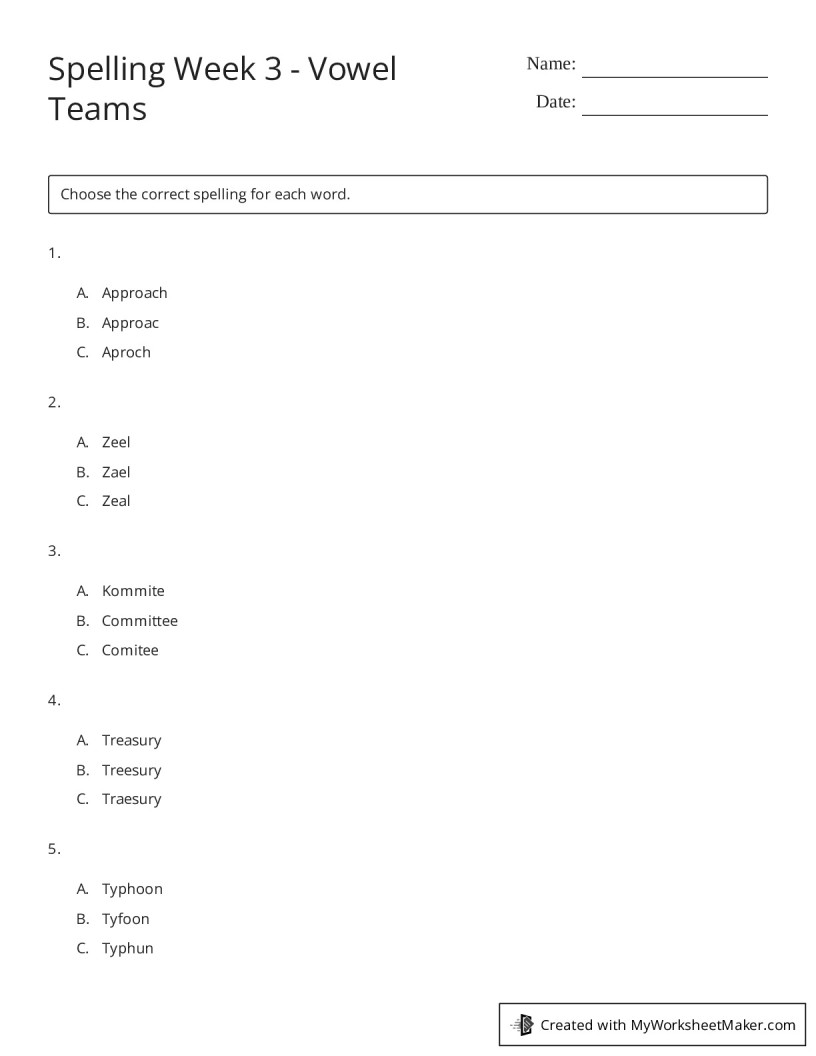 Spelling Week 3 - Vowel Teams - My Worksheet Maker: Create Your Own ...