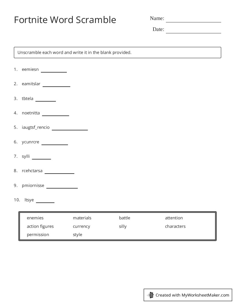 Fortnite Word Scramble - My Worksheet Maker: Create Your Own Worksheets