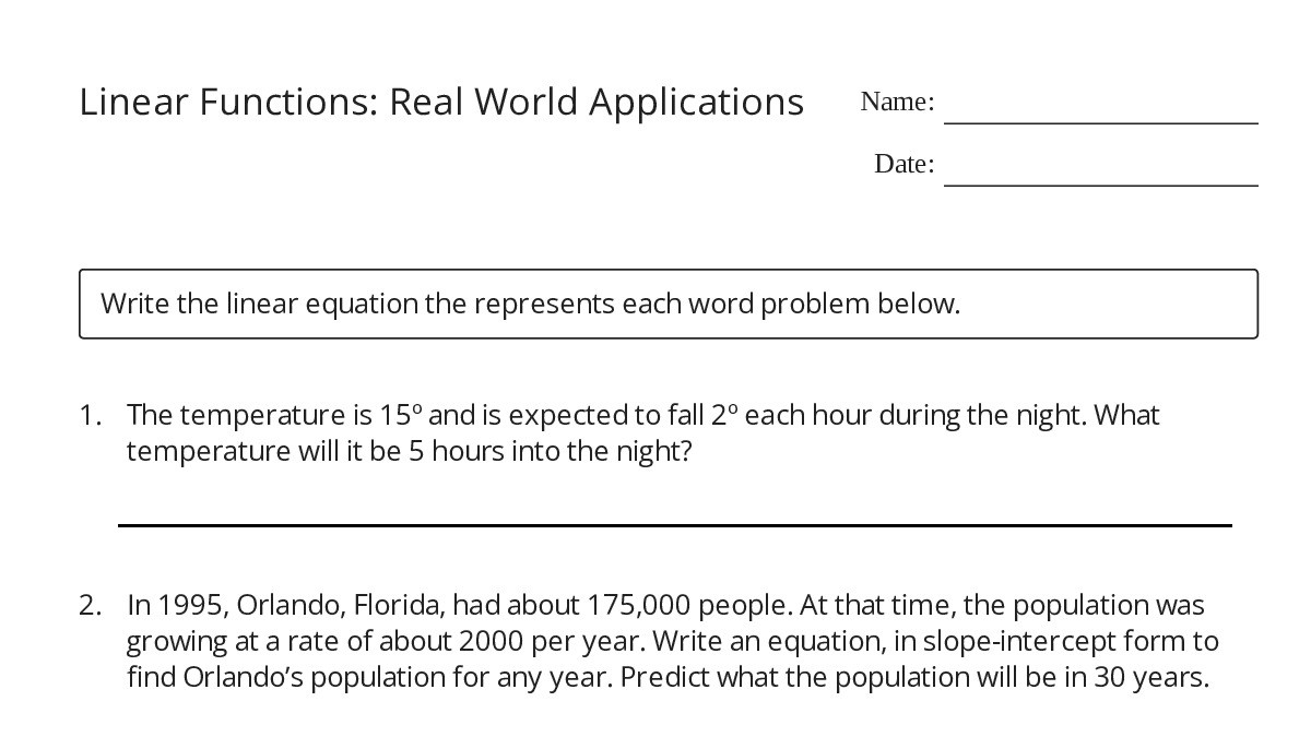 Linear Functions: Real World Applications - My Worksheet Maker: Create ...