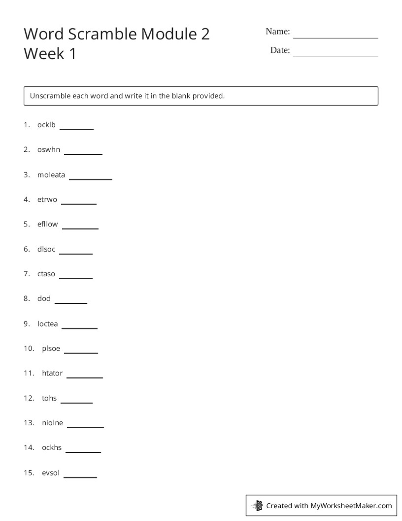 Word Scramble Module 2 Week 1 - My Worksheet Maker: Create Your Own ...
