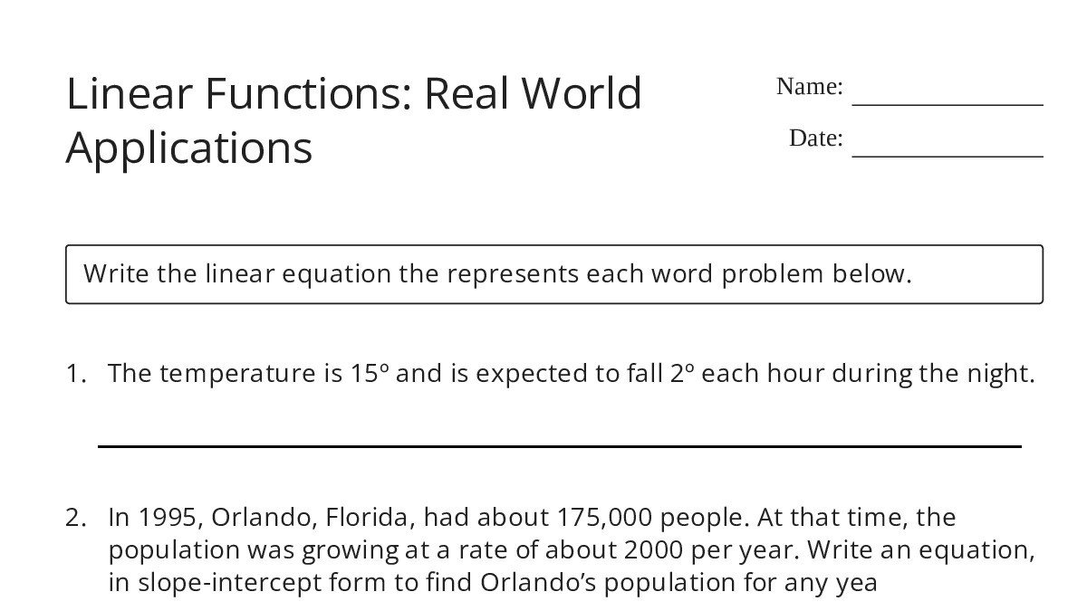 Linear Functions: Real World Applications - My Worksheet Maker: Create ...