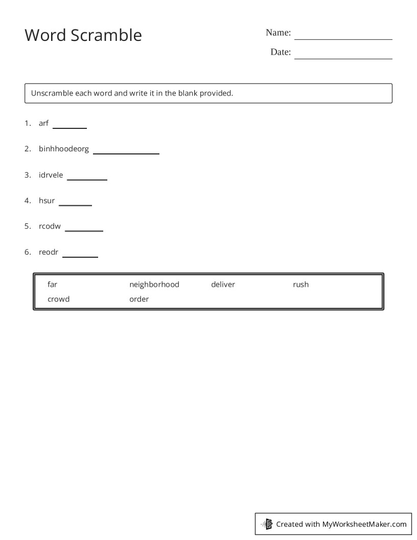 Word Scramble - My Worksheet Maker: Create Your Own Worksheets