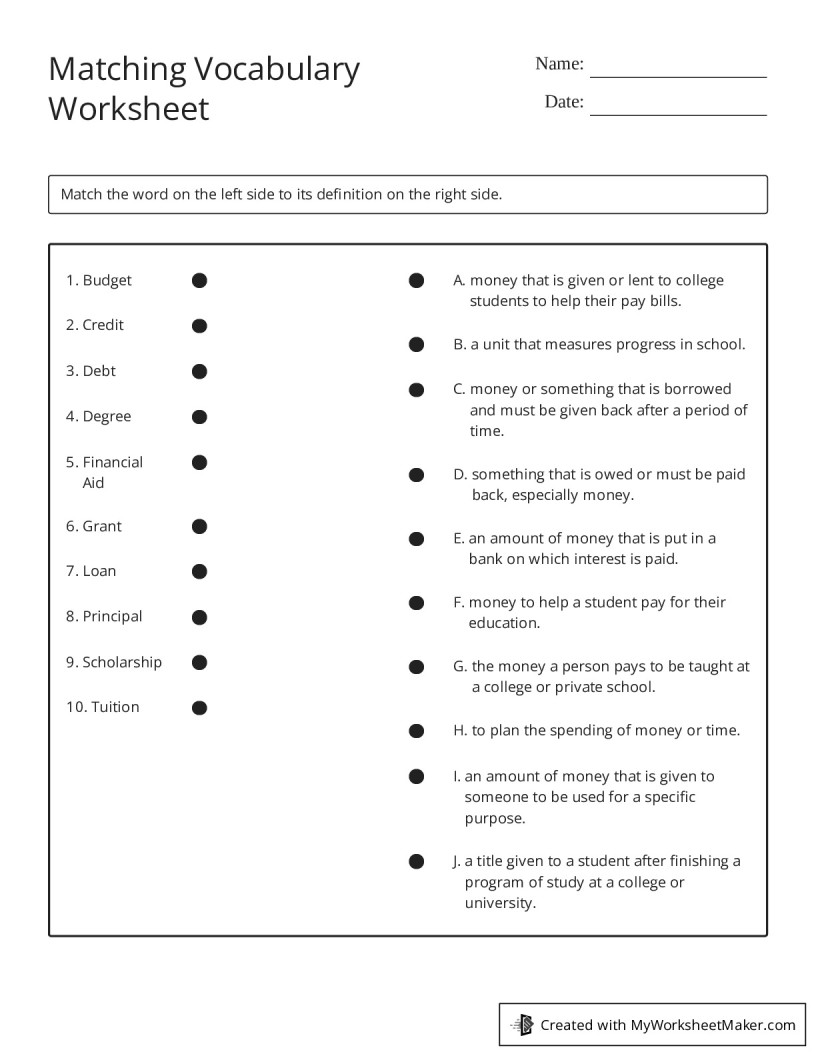 Matching Vocabulary Worksheet - My Worksheet Maker: Create Your Own ...