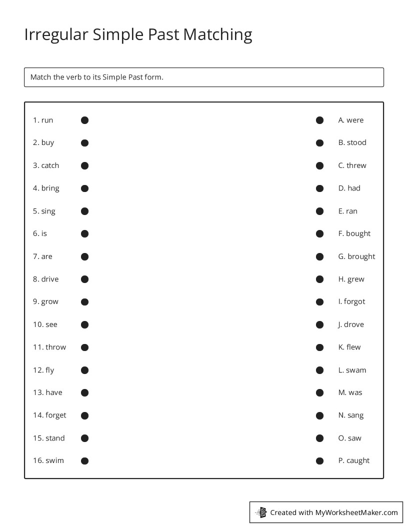 Irregular Simple Past Matching - My Worksheet Maker: Create Your Own ...