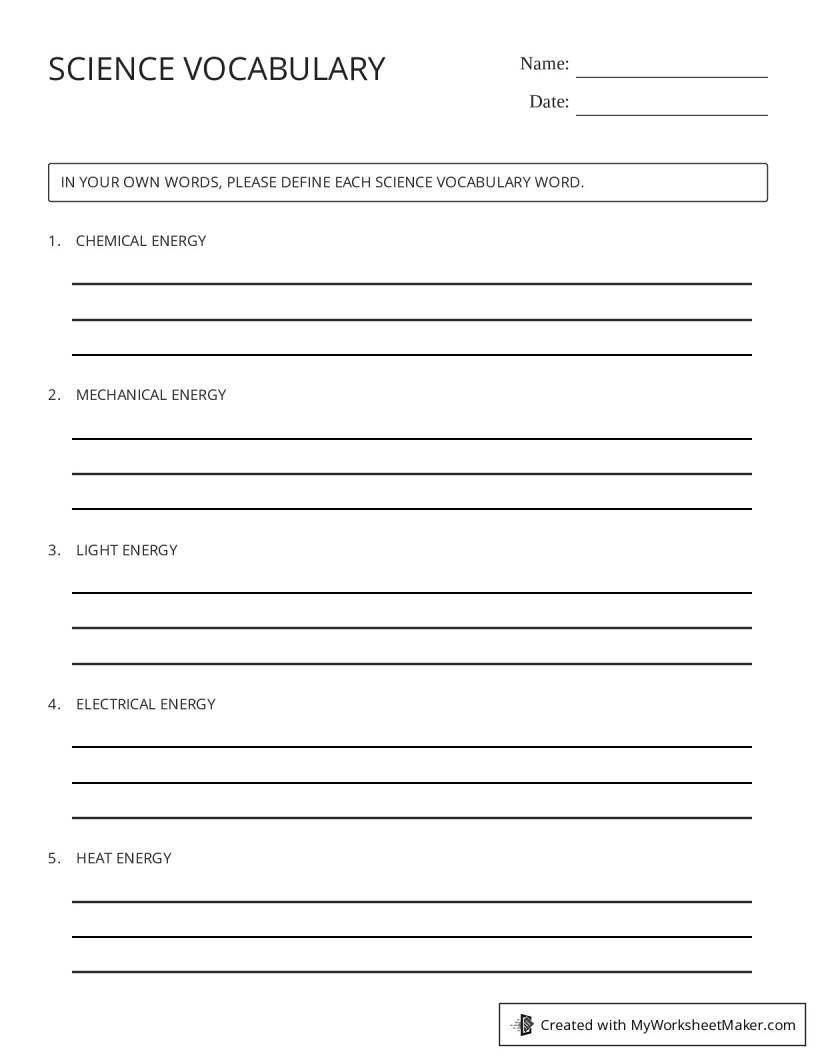 SCIENCE VOCABULARY - My Worksheet Maker: Create Your Own Worksheets