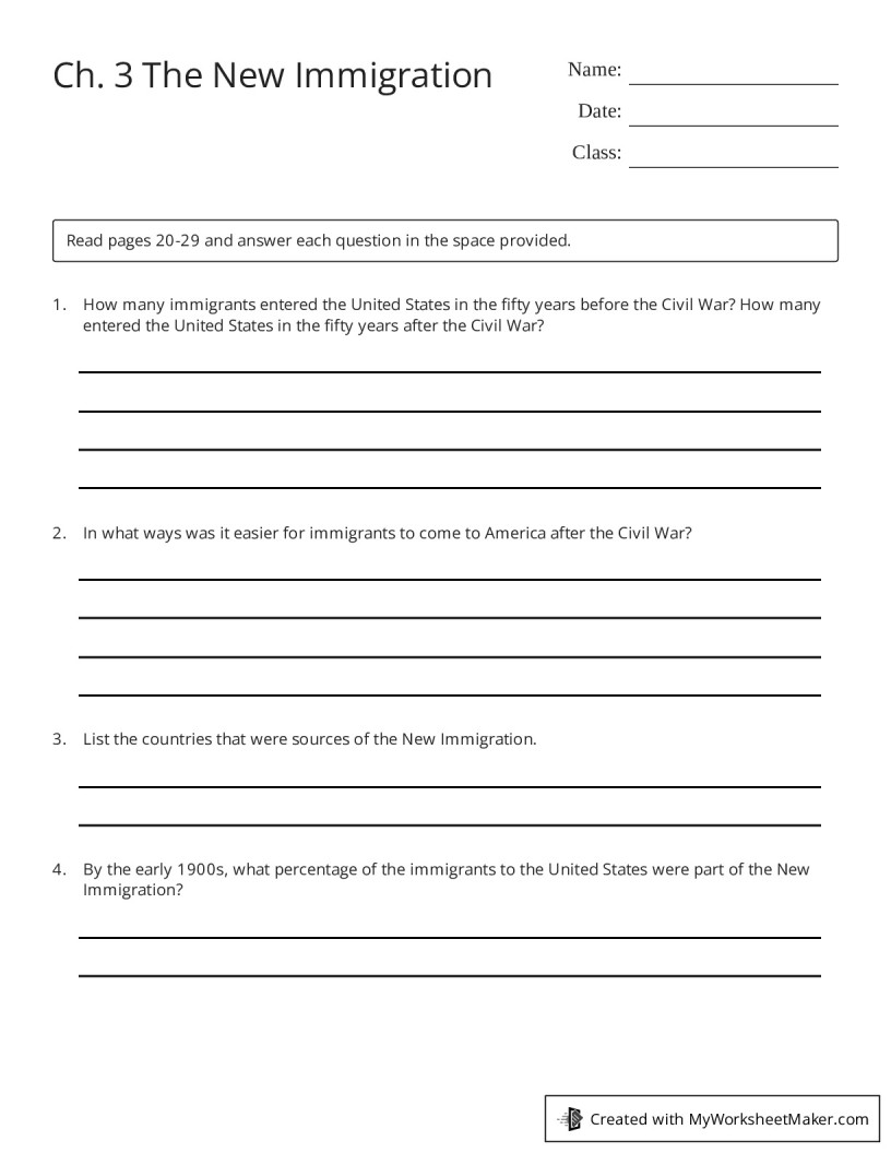 Ch. 3 The New Immigration - My Worksheet Maker: Create Your Own Worksheets