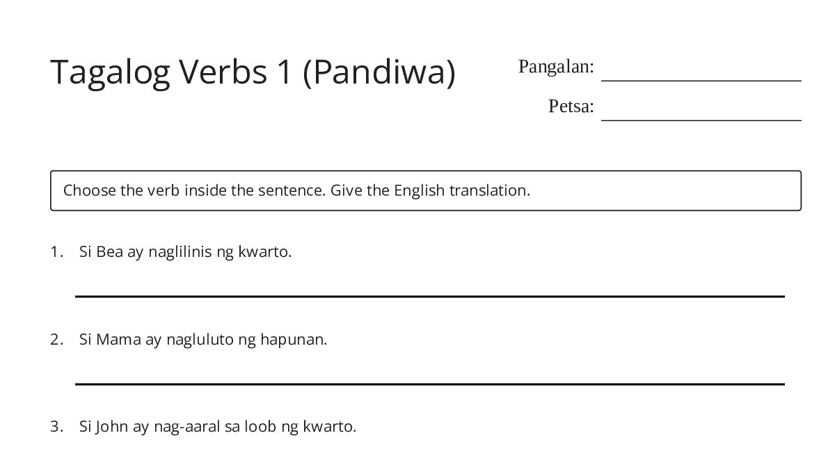 Tagalog Verbs 1 (Pandiwa) - My Worksheet Maker: Create Your Own Worksheets