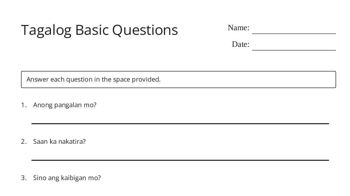 Tagalog Basic Questions - My Worksheet Maker: Create Your Own Worksheets