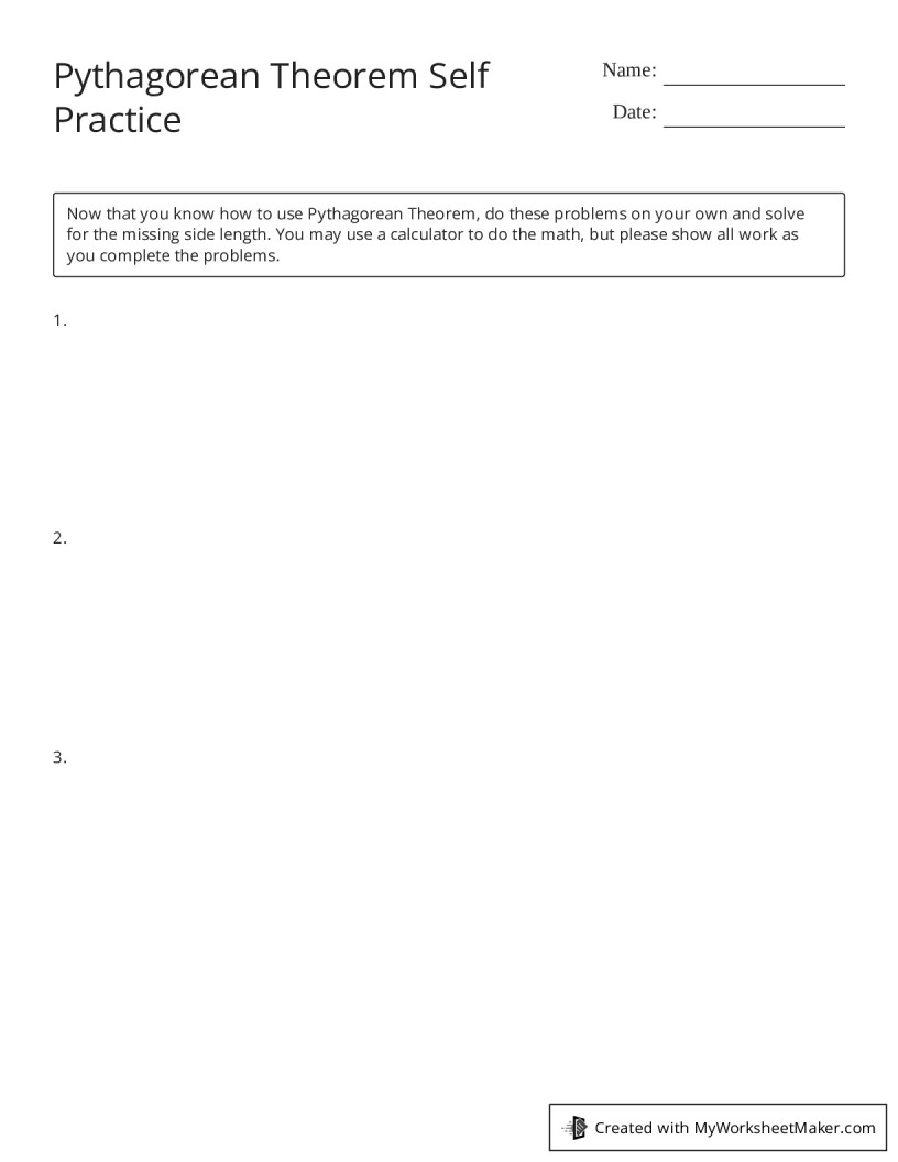 Pythagorean Theorem Self Practice - My Worksheet Maker: Create Your Own ...