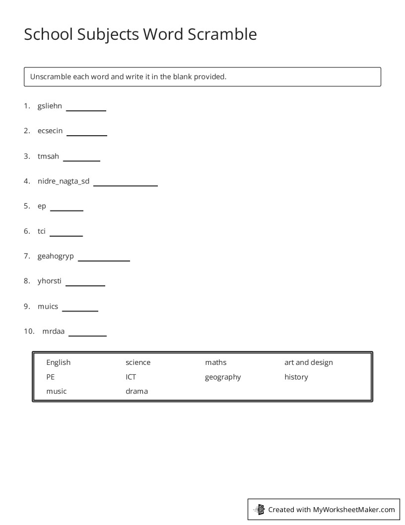 School Subjects Word Scramble - My Worksheet Maker: Create Your Own ...