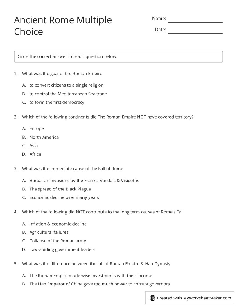 Ancient Rome Multiple Choice - My Worksheet Maker: Create Your Own ...