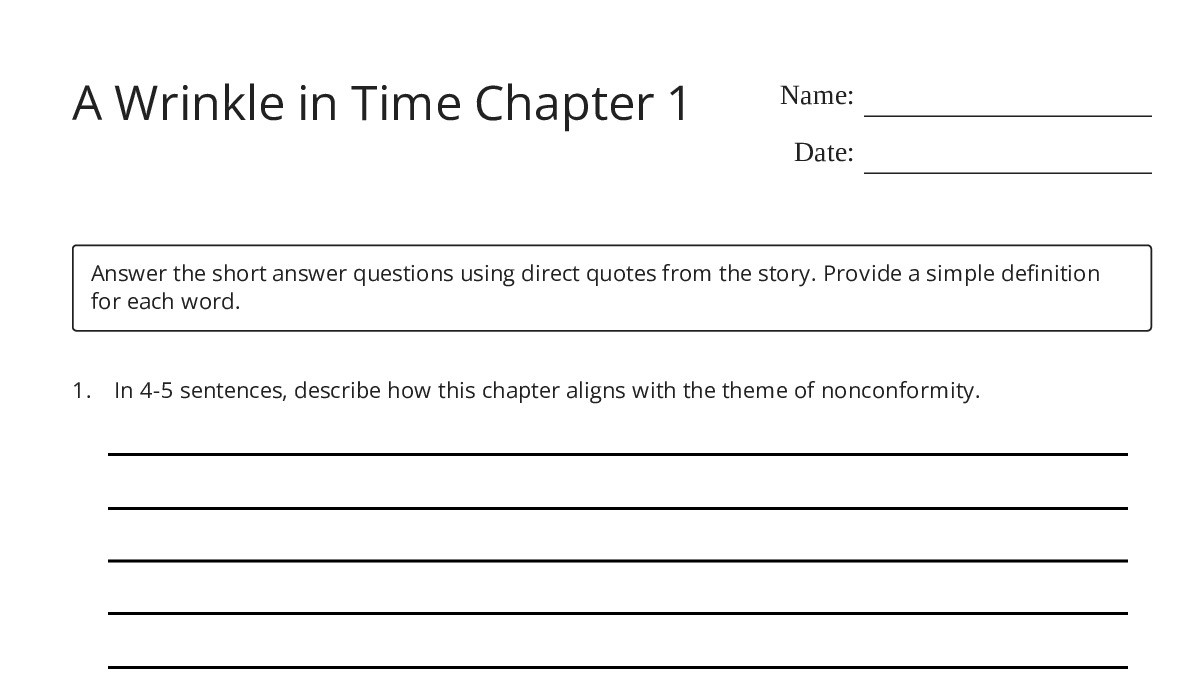A Wrinkle in Time Chapter 1 - My Worksheet Maker: Create Your Own ...