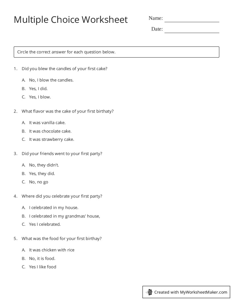 Multiple Choice Worksheet - My Worksheet Maker: Create Your Own Worksheets