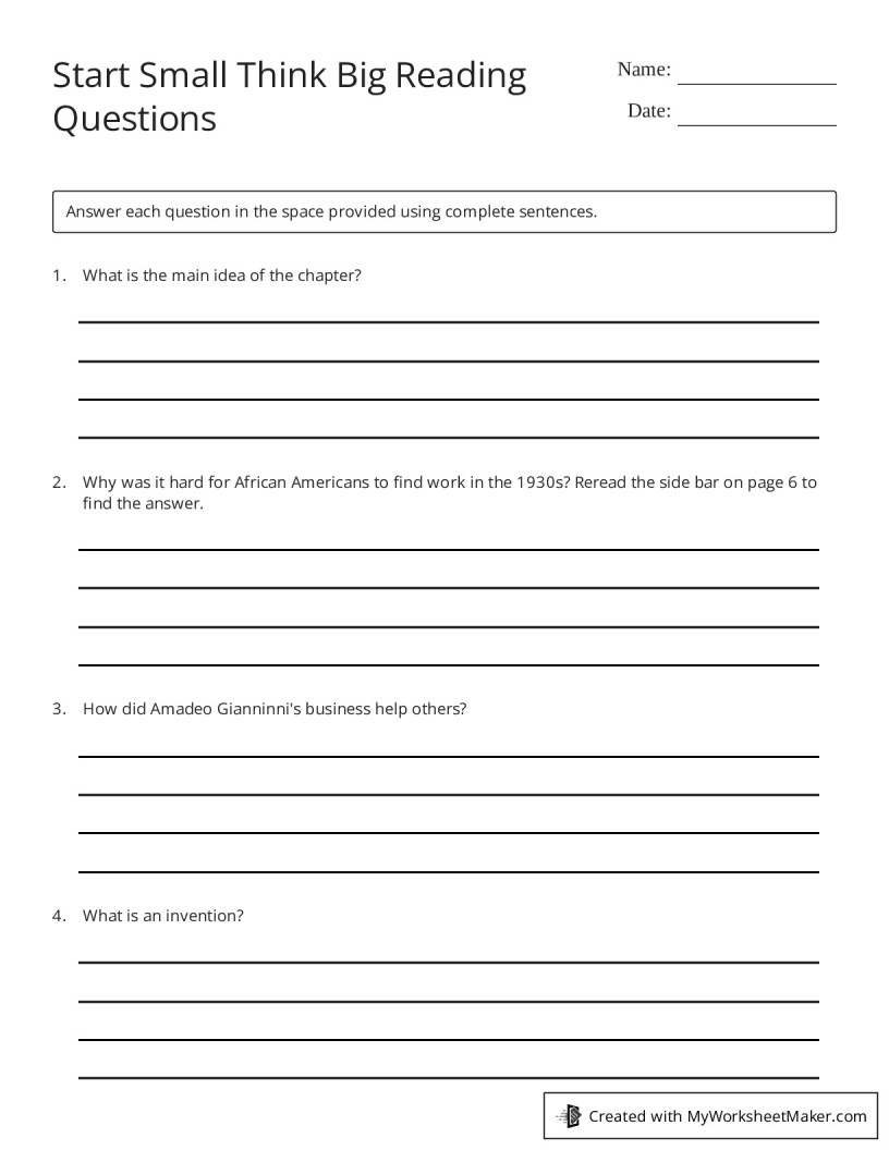 Start Small Think Big Reading Questions - My Worksheet Maker: Create ...