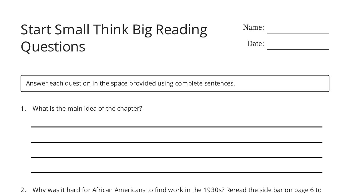 Start Small Think Big Reading Questions - My Worksheet Maker: Create ...