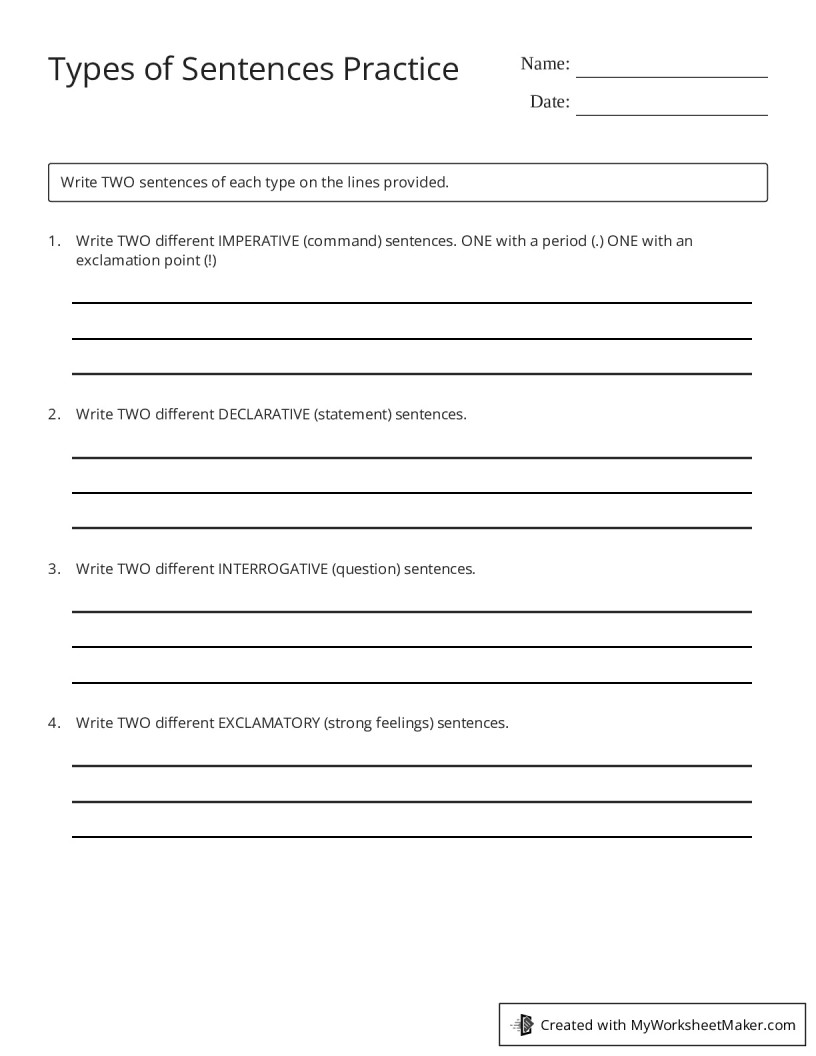 Types of Sentences Practice - My Worksheet Maker: Create Your Own ...