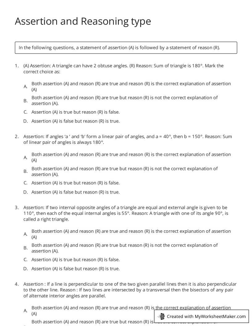 Assertion and Reasoning type - My Worksheet Maker: Create Your Own Worksheets