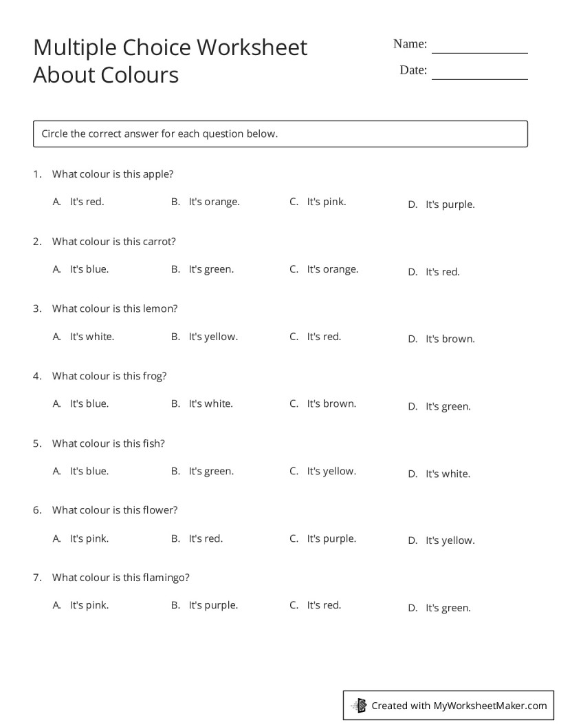 Multiple Choice Worksheet About Colours - My Worksheet Maker: Create ...