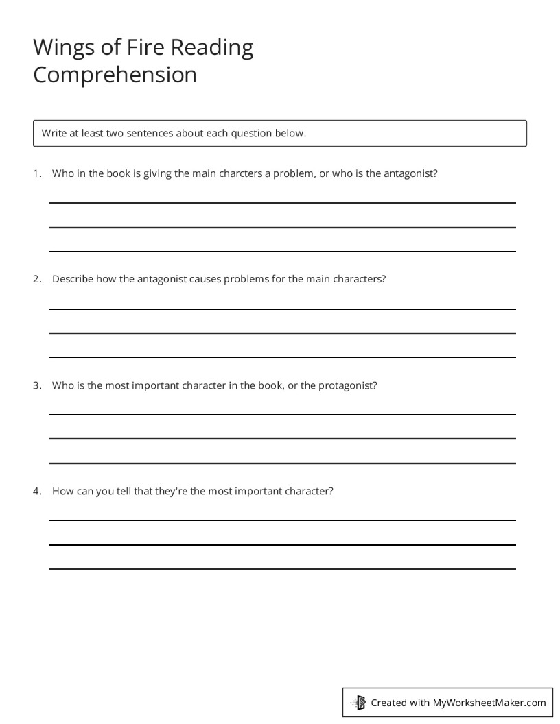 Wings of Fire Reading Comprehension - My Worksheet Maker: Create Your ...