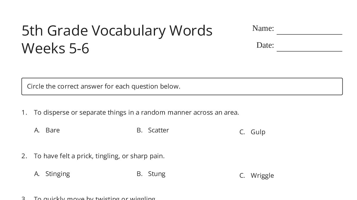 5th Grade Vocabulary Words Weeks 5-6 - My Worksheet Maker: Create Your ...