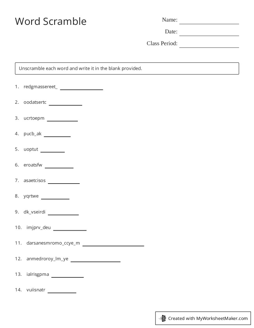 Word Scramble - My Worksheet Maker: Create Your Own Worksheets