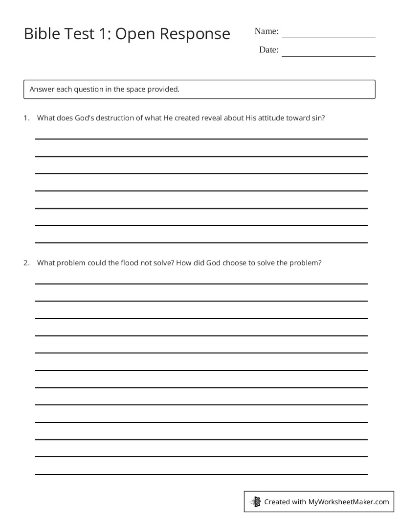 Bible Test 1: Open Response - My Worksheet Maker: Create Your Own ...