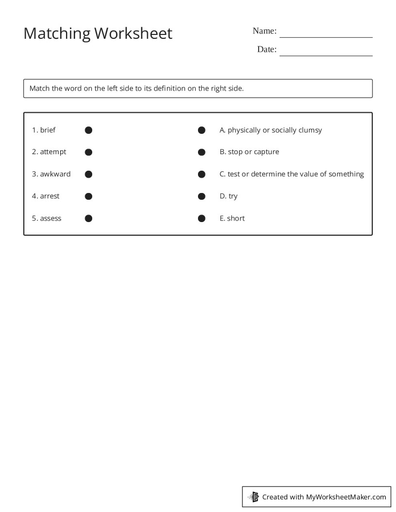 Matching Worksheet - My Worksheet Maker: Create Your Own Worksheets