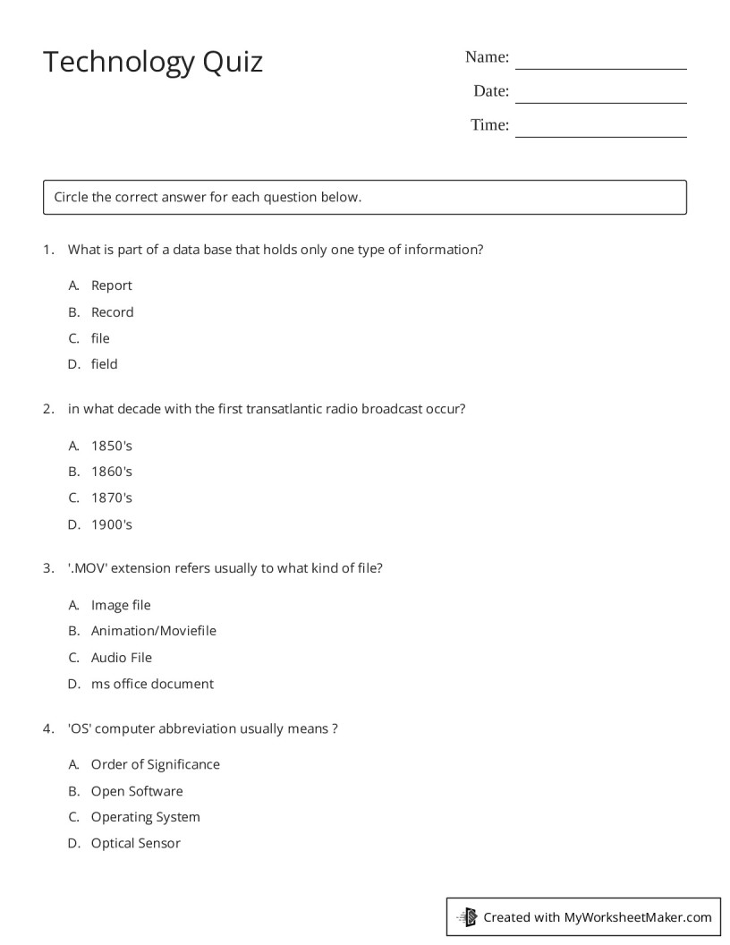 Technology Quiz - My Worksheet Maker: Create Your Own Worksheets