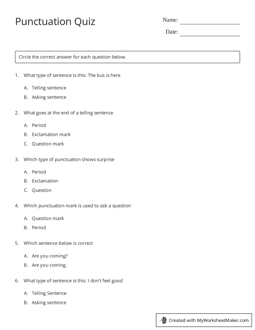 Punctuation Quiz - My Worksheet Maker: Create Your Own Worksheets