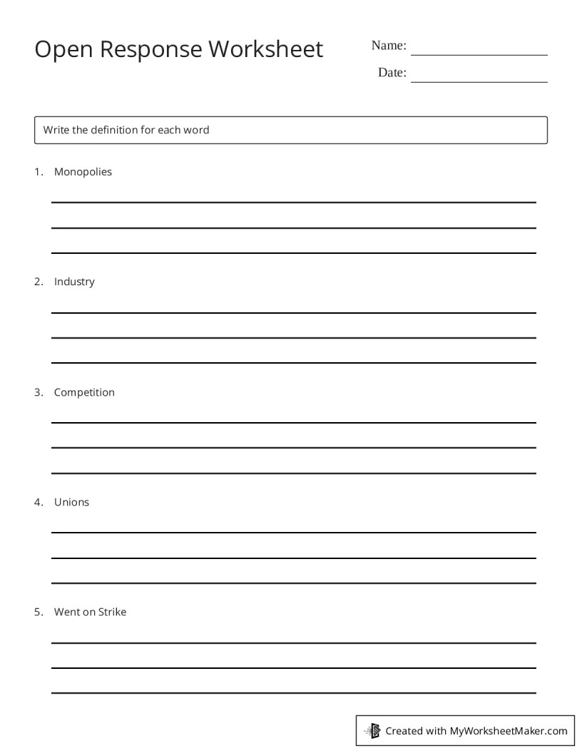 Open Response Worksheet - My Worksheet Maker: Create Your Own Worksheets