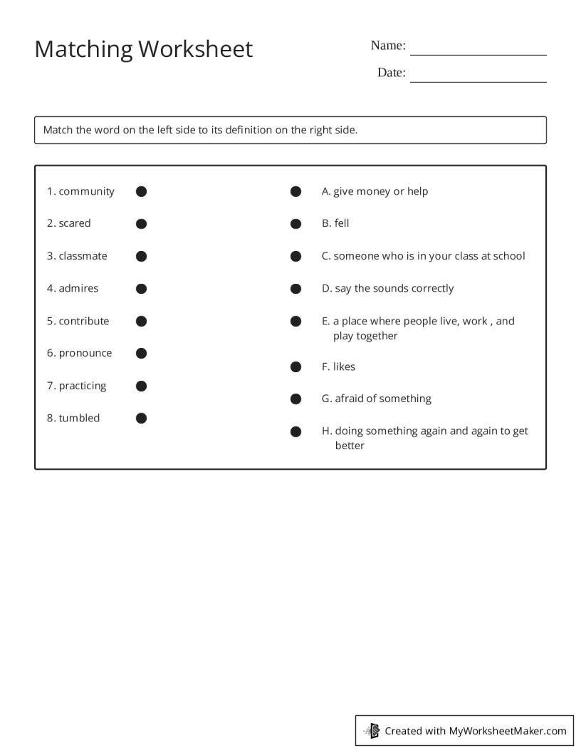 Matching Worksheet - My Worksheet Maker: Create Your Own Worksheets