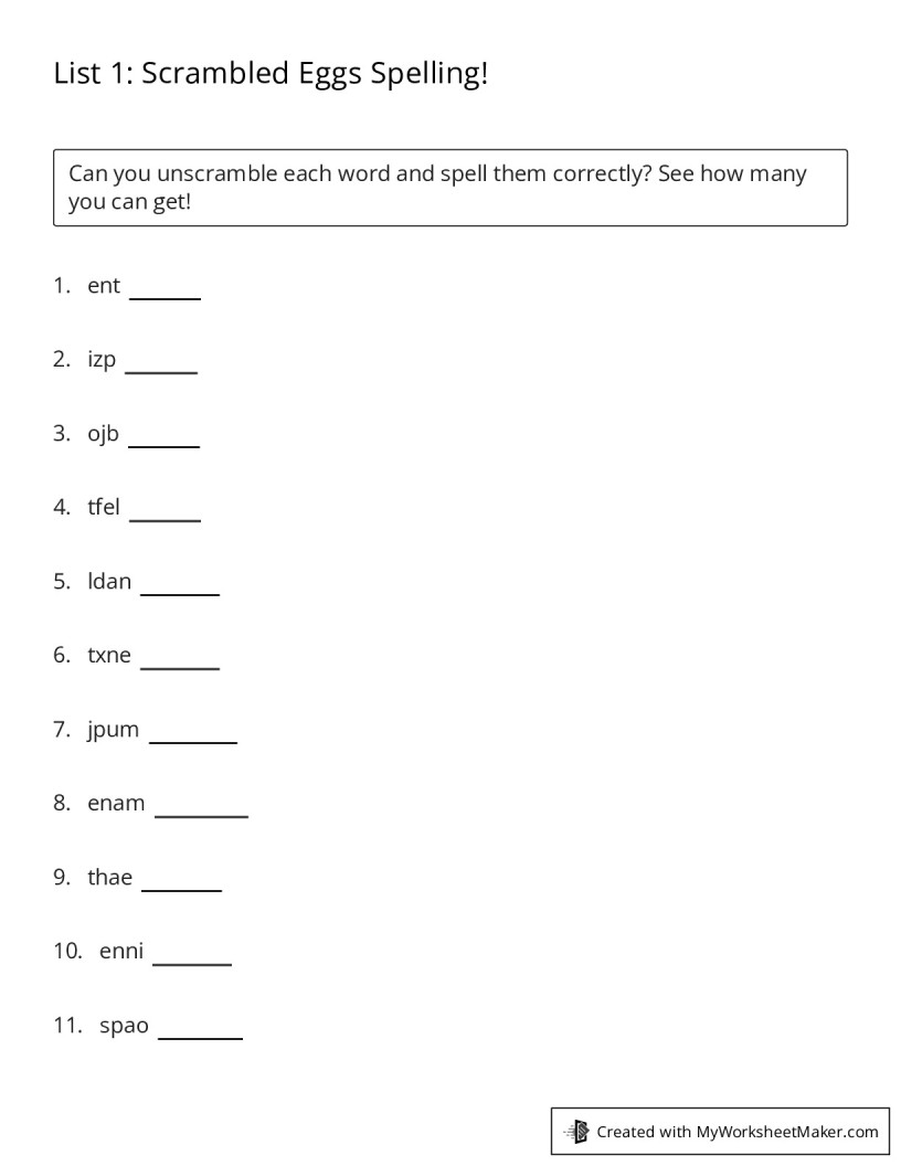 List 1: Scrambled Eggs Spelling! - My Worksheet Maker: Create Your Own ...