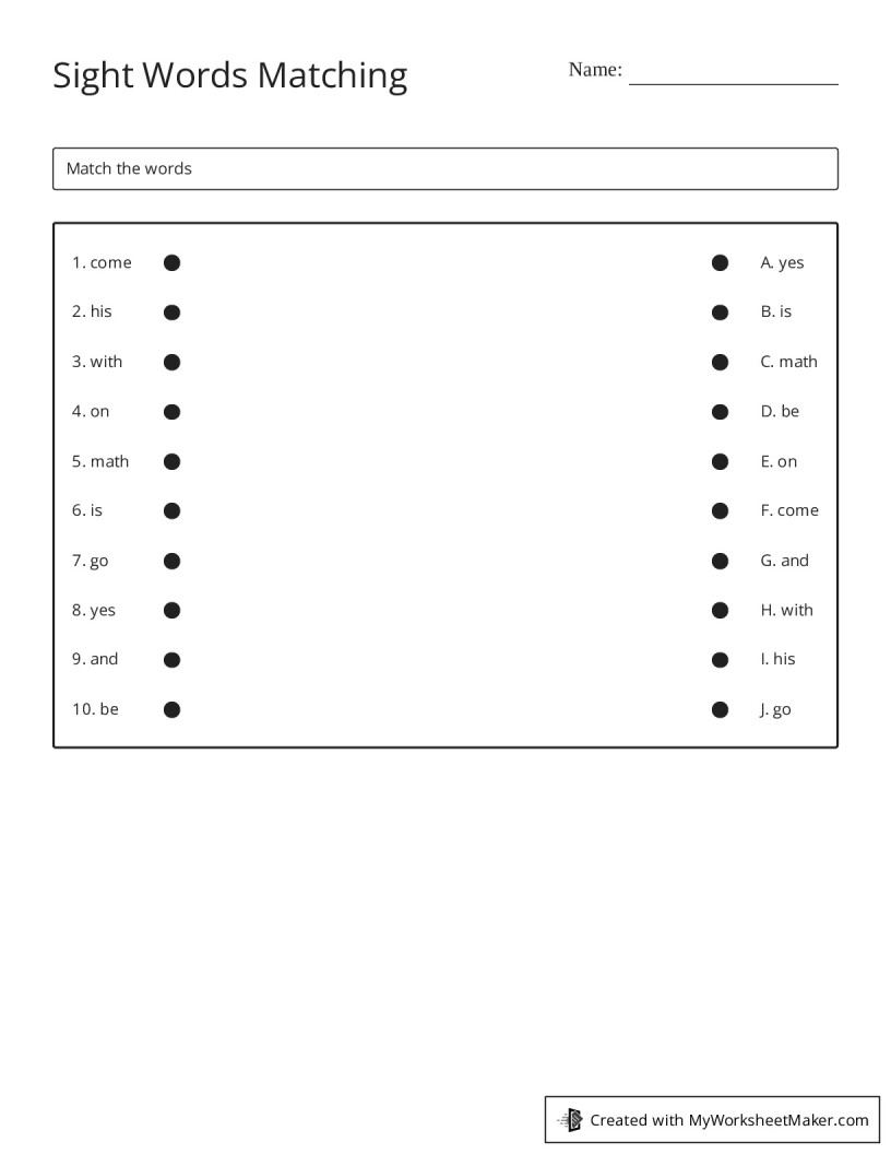 Sight Words Matching - My Worksheet Maker: Create Your Own Worksheets
